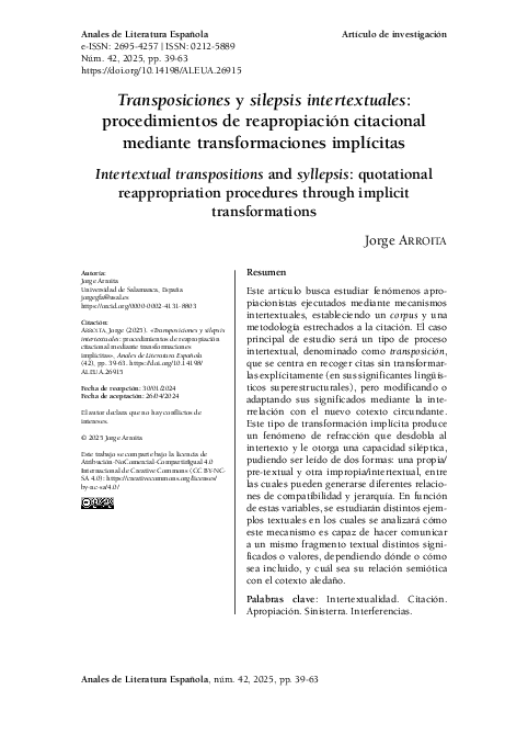 (PDF) Transposiciones y silepsis intertextuales: procedimientos de reapropiación citacional ...