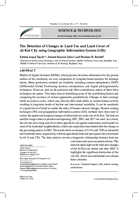 (PDF) The Detection of Changes in Land Use and Land Cover of Al- Kut City Using Geographic ...