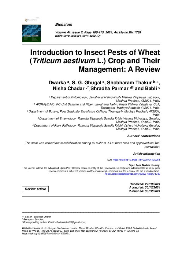 (PDF) Introduction to Insect Pests of Wheat (Triticum aestivum L.) Crop ...