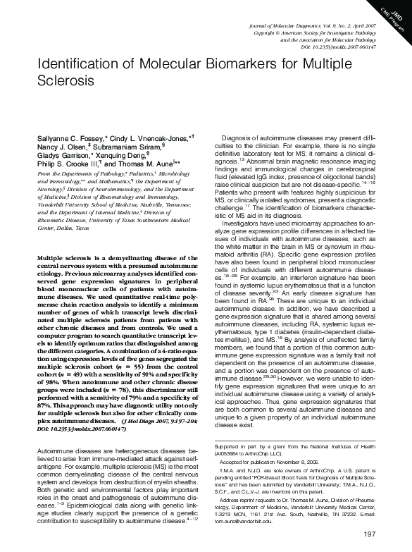 (PDF) Identification of molecular biomarkers for multiple sclerosis
