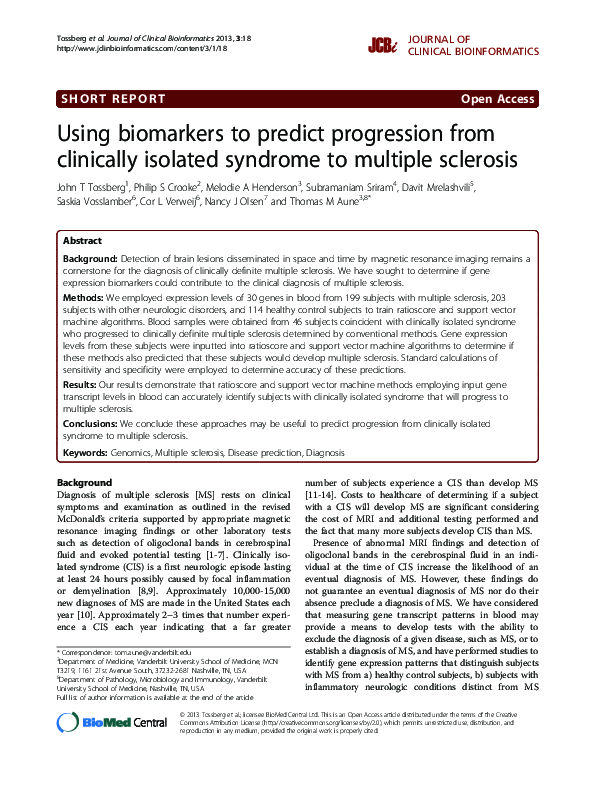 (PDF) Using biomarkers to predict progression from clinically isolated syndrome to multiple ...