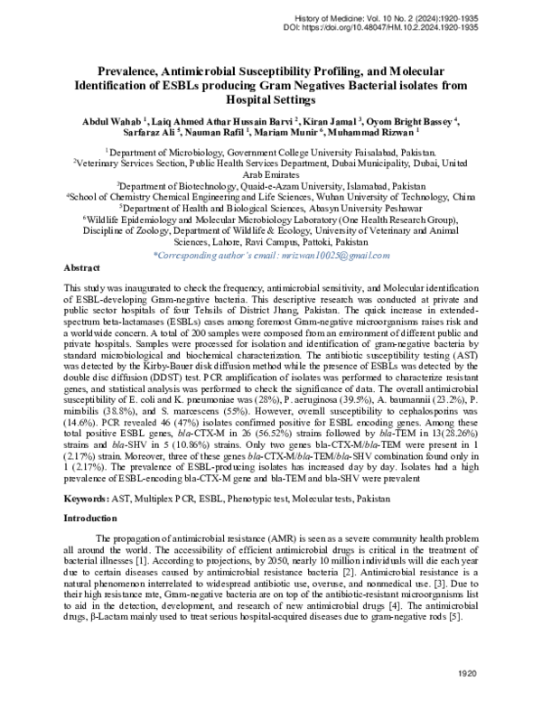 (PDF) Prevalence, Antimicrobial Susceptibility Profiling, and Molecular Identification of ESBLs ...