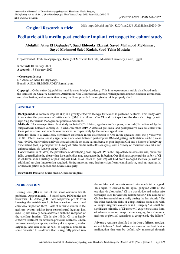 (PDF) Pediatric otitis media post cochlear implant retrospective cohort ...