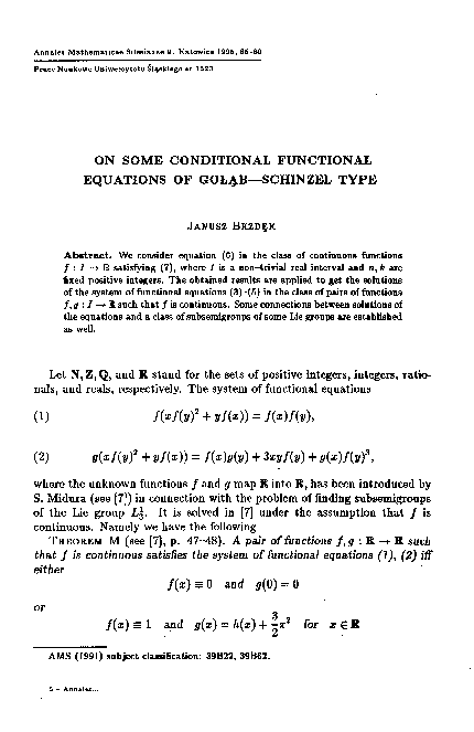 (PDF) On some conditional functional equations of Gołąb—Schinzel type