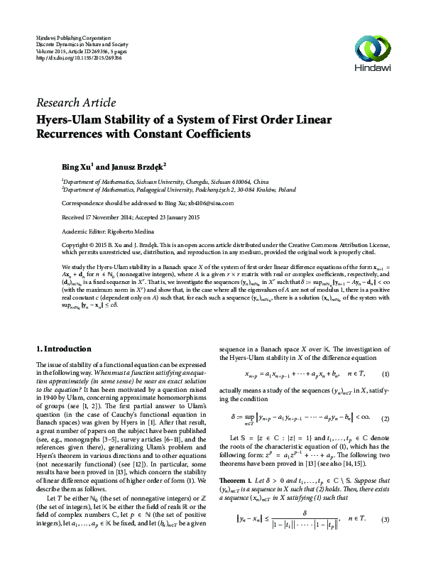 (PDF) Hyers-Ulam Stability of a System of First Order Linear Recurrences with Constant Coefficients