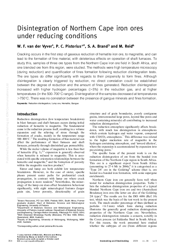 (PDF) Disintegration of Northern Cape iron ores under reducing conditions