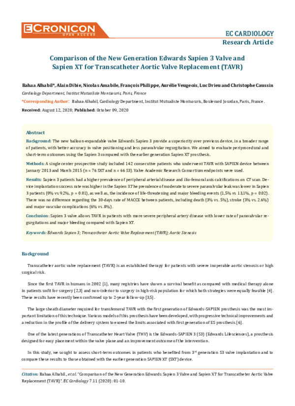 (PDF) Comparison of the New Generation Edwards Sapien 3 Valve andSapien ...