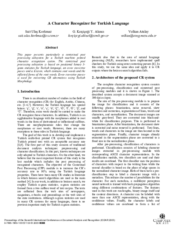 (PDF) A character recognizer for Turkish language