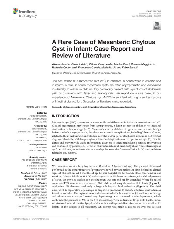 (PDF) A Rare Case of Mesenteric Chylous Cyst in Infant: Case Report and ...