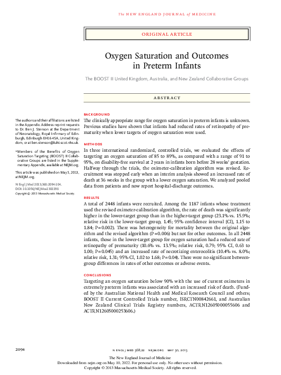 (PDF) Oxygen Saturation and Outcomes in Preterm Infants