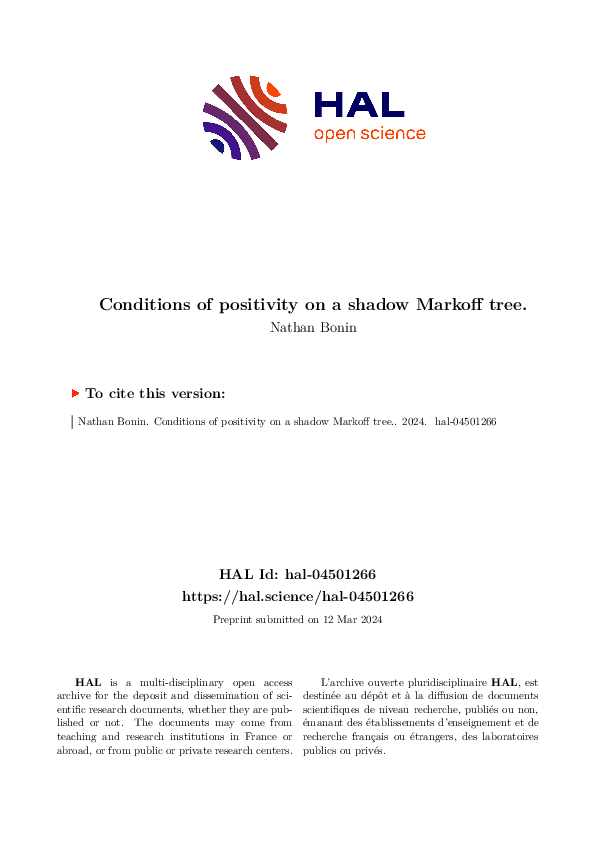 (PDF) Conditions of positivity on a shadow Markoff tree