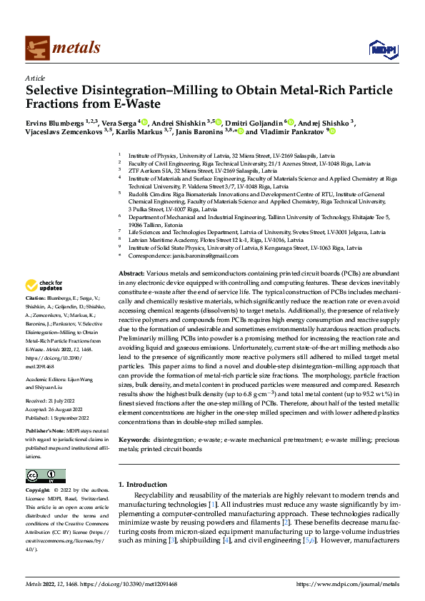 (PDF) Selective Disintegration-Milling to Obtain Metal-Rich Particle ...