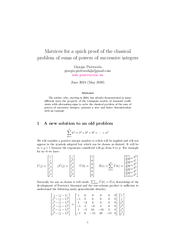 (PDF) Matrices for a quick proof of the classical problem of sums of powers of successive integers