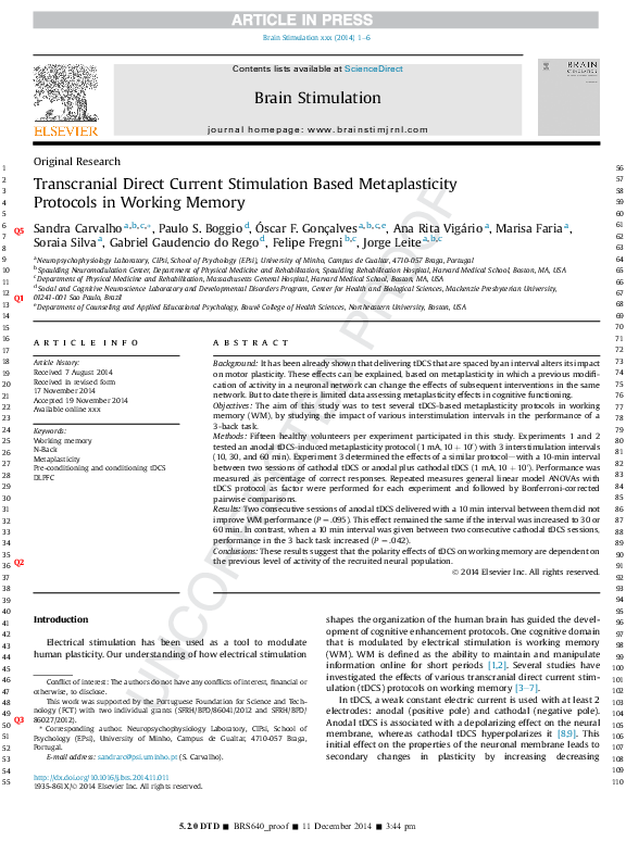 (PDF) Transcranial Direct Current Stimulation Based Metaplasticity ...