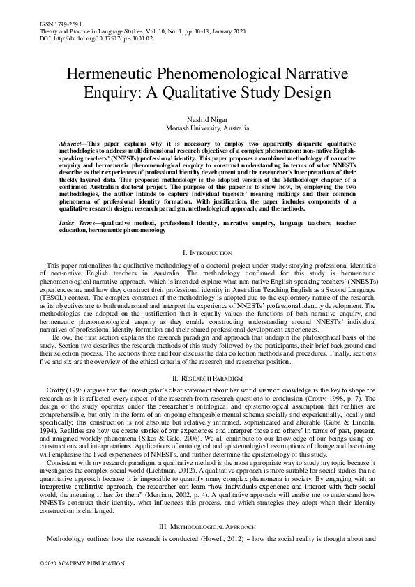 (PDF) Hermeneutic Phenomenological Narrative Enquiry A Qualitative Study Design