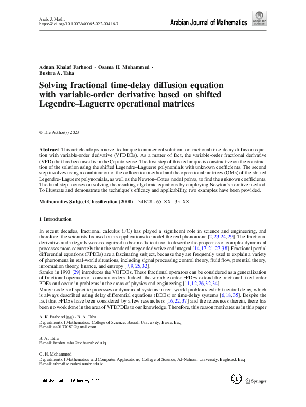 Pdf Solving Fractional Time Delay Diffusion Equation With Variable Order Derivative Based On