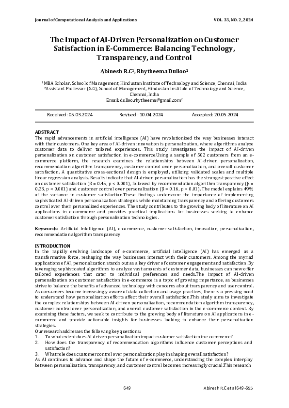 (PDF) The Impact of AI-Driven Personalization on Customer Satisfaction in E-Commerce: Balancing ...