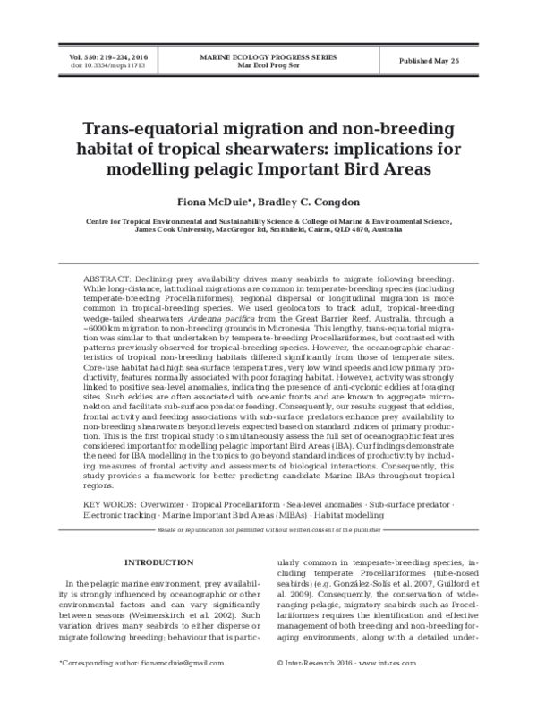 (PDF) Trans-equatorial migration and non-breeding habitat of tropical ...