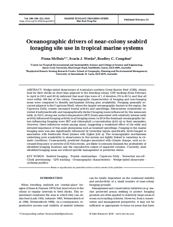 (PDF) Oceanographic drivers of near-colony seabird foraging site use in ...