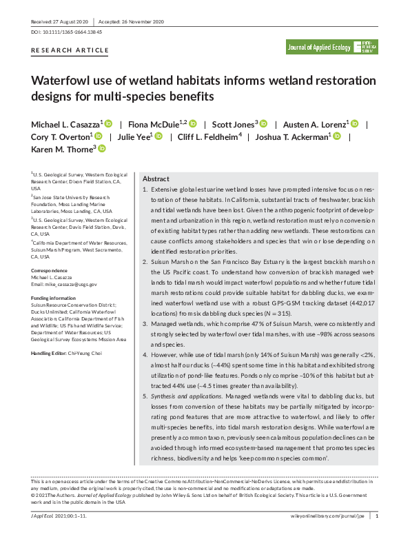 (PDF) Waterfowl use of wetland habitats informs wetland restoration ...