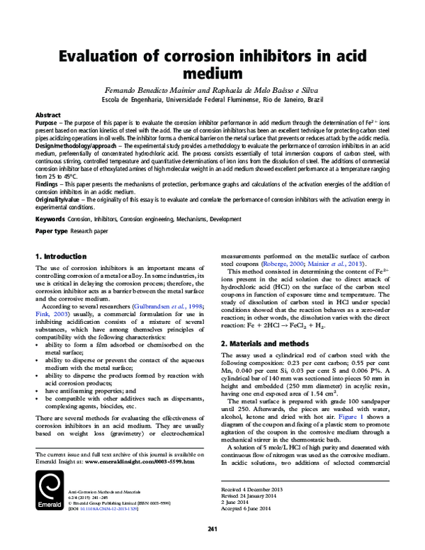 (PDF) Evaluation of corrosion inhibitors in acid medium