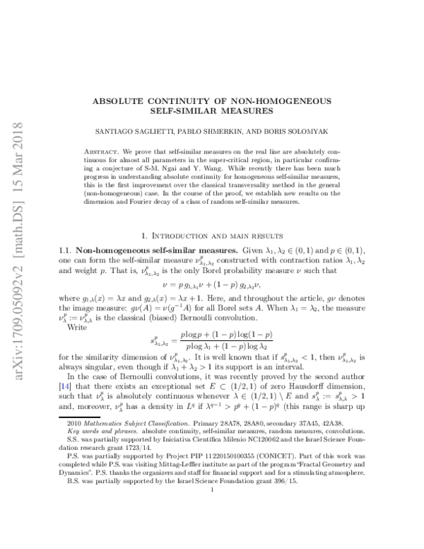 (PDF) Absolute continuity of non-homogeneous self-similar measures
