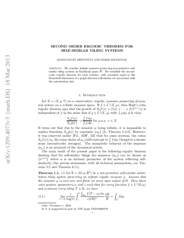 Pdf Second Order Ergodic Theorem For Self Similar Tiling Systems