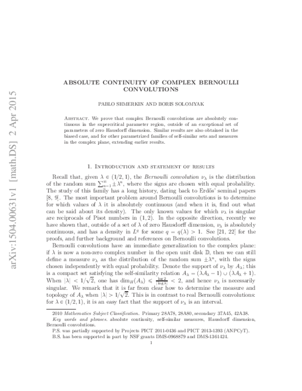 (PDF) Absolute continuity of complex Bernoulli convolutions