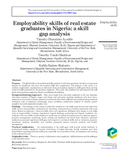 (PDF) Employability skills of real estate graduates in Nigeria: a skill ...