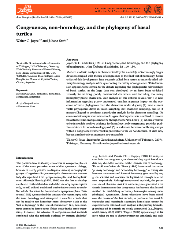 (PDF) Congruence, non-homology, and the phylogeny of basal turtles