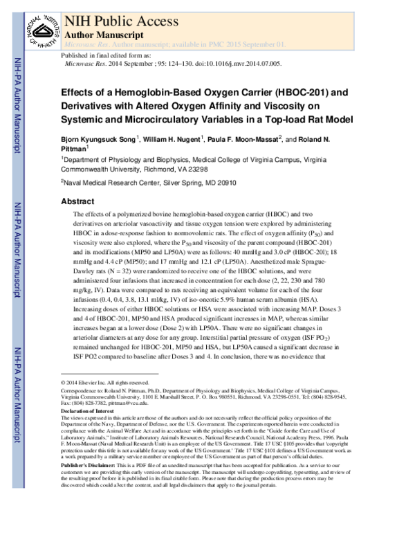 (PDF) Effects of a hemoglobin-based oxygen carrier (HBOC-201) and derivatives with altered ...