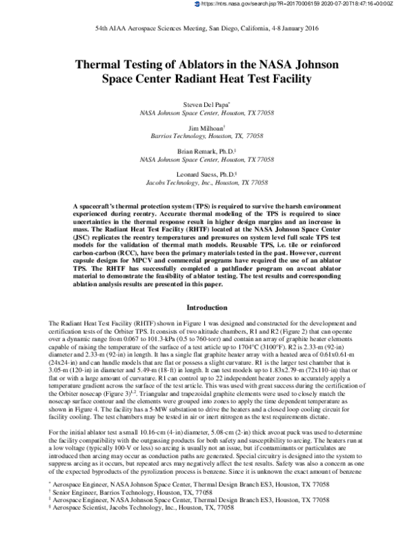 (PDF) Thermal Testing of Ablators in the NASA Johnson Space Center ...