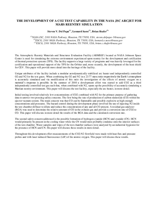 (PDF) The Development of a CO2 Test Capability in the NASA JSC ARCJet ...