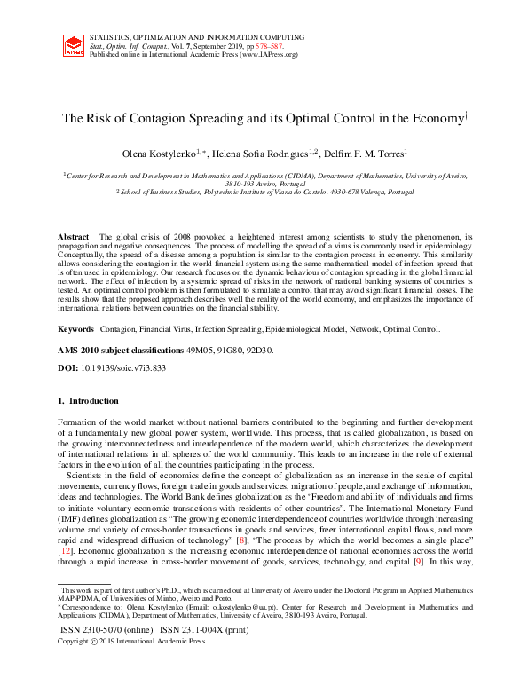 (PDF) The Risk of Contagion Spreading and its Optimal Control in the ...