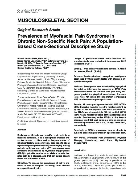 (PDF) Prevalence of Myofascial Pain Syndrome in Chronic Non-Specific ...