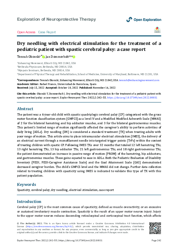 (PDF) Dry needling with electrical stimulation for the treatment of a pediatric patient with ...