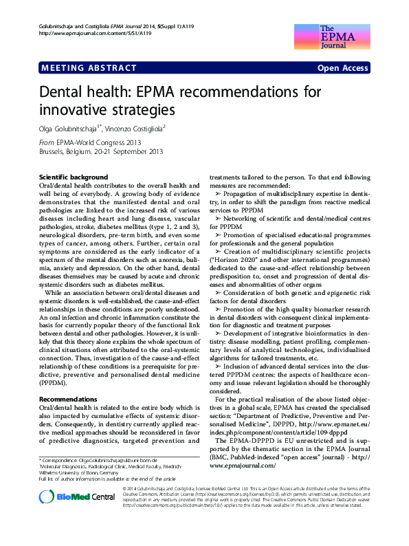 (PDF) Dental health: EPMA recommendations for innovative strategies