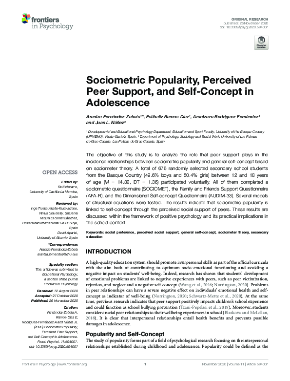 (PDF) Sociometric Popularity, Perceived Peer Support, and Self-Concept ...