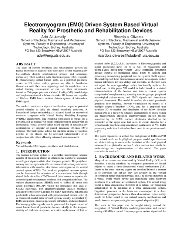 (PDF) Electromyogram (EMG) driven system based virtual reality for prosthetic and rehabilitation ...