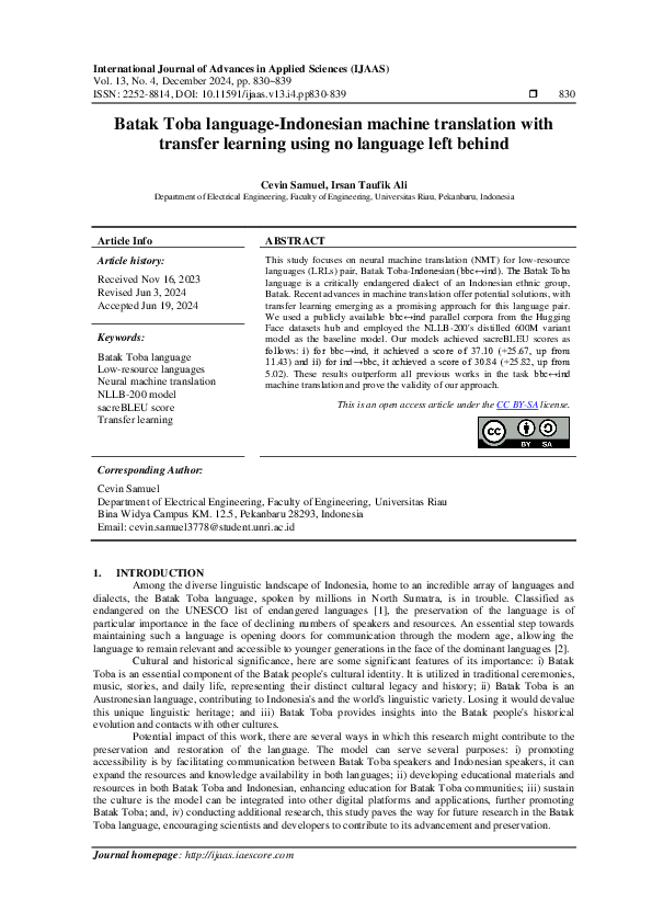 (PDF) Batak Toba language-Indonesian machine translation with transfer ...
