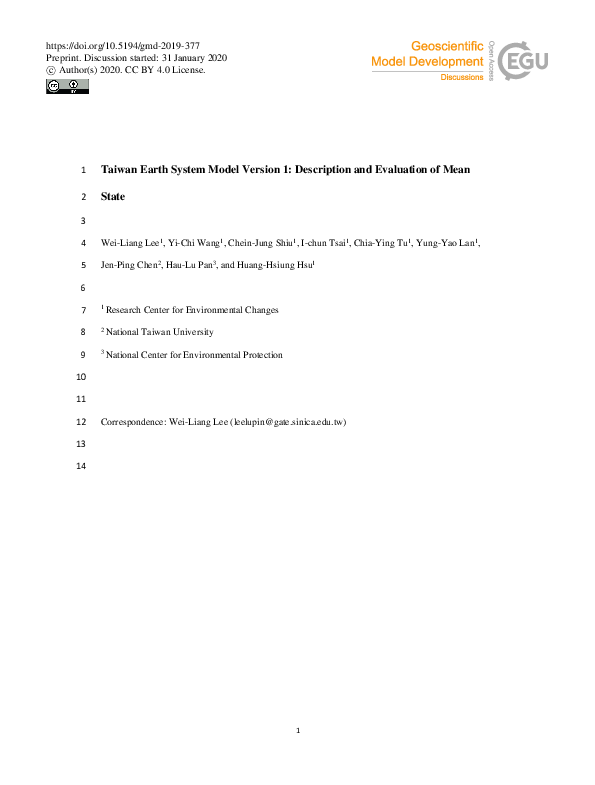 (PDF) Taiwan Earth System Model Version 1: Description and Evaluation ...