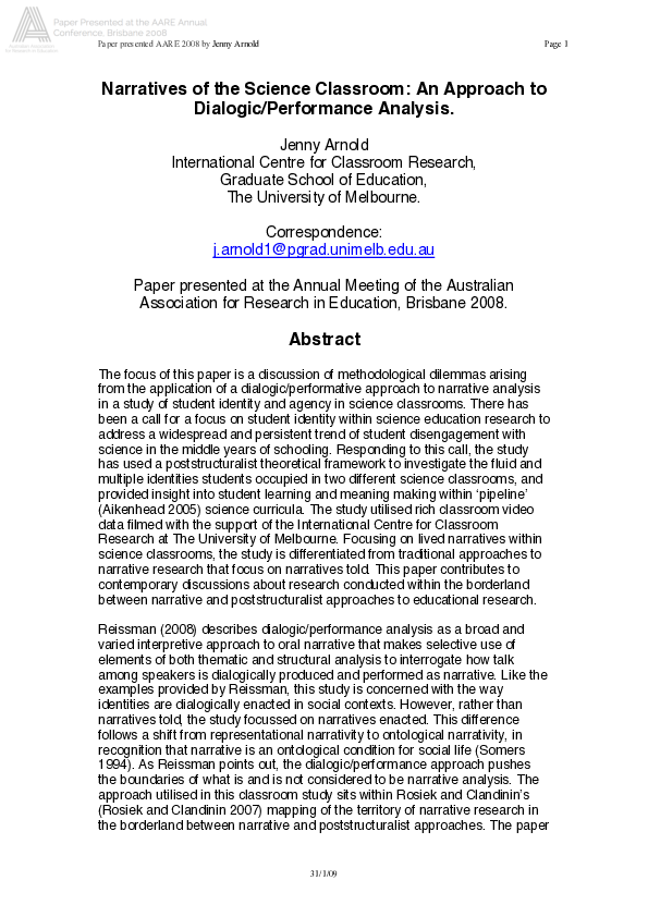(PDF) Narratives of the Science Classroom: An Approach to Dialogic ...
