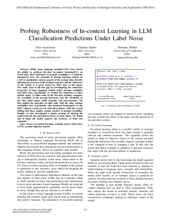 Pdf Probing Robustness Of In Context Learning In Llm Classification Predictions Under Label Noise