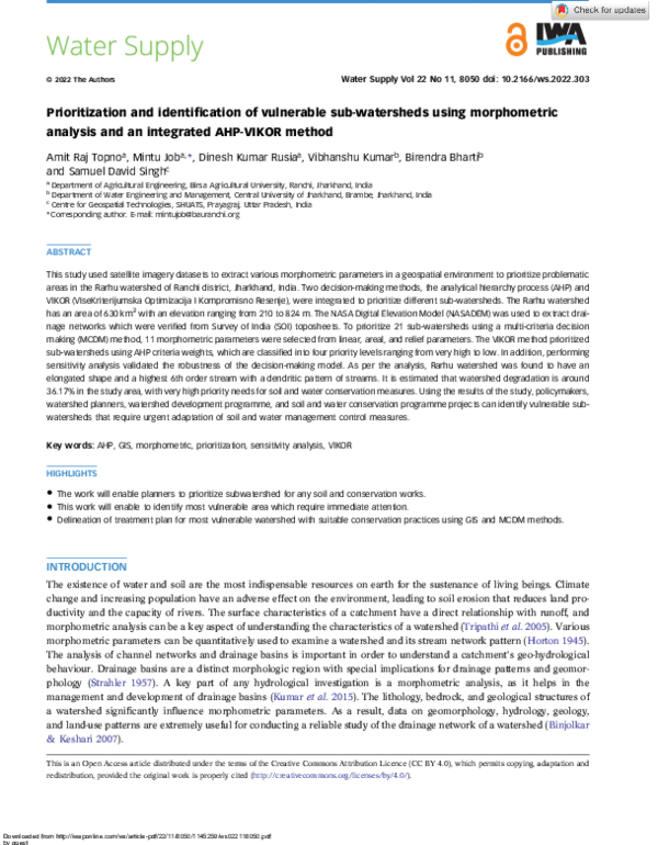 (PDF) Prioritization and identification of vulnerable sub-watersheds ...