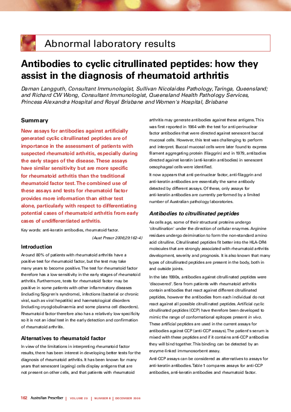 (PDF) Abnormal Laboratory Results: Antibodies to cyclic citrullinated ...
