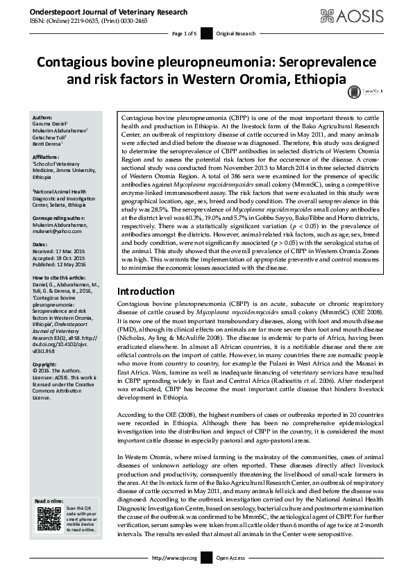 (PDF) Contagious bovine pleuropneumonia: Seroprevalence and risk ...