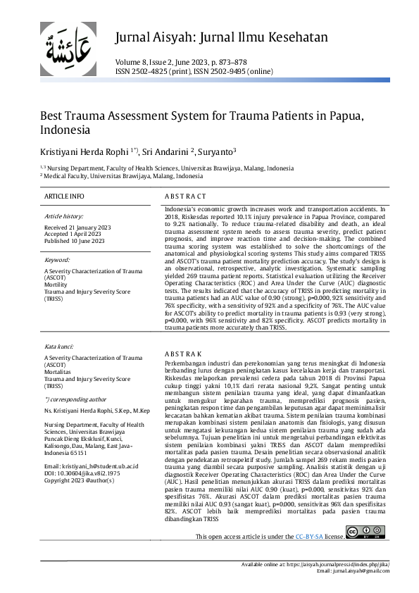 (PDF) Best Trauma Assessment System for Trauma Patients in Papua, Indonesia