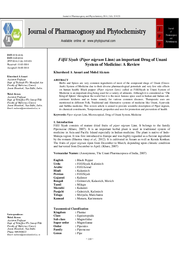(PDF) Filfil Siyah (Piper nigrum Linn) an important Drug of Unani ...