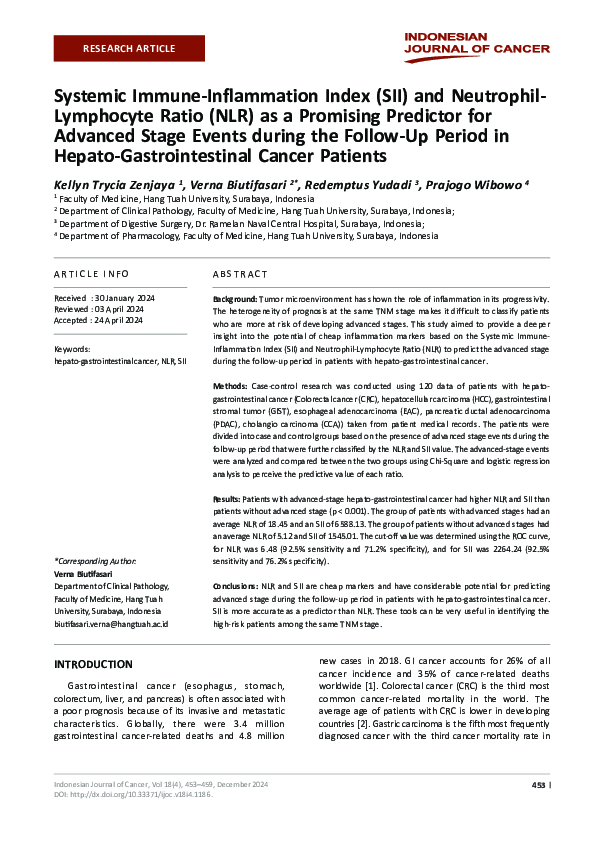 (PDF) Systemic Immune-Inflammation Index (SII) and Neutrophil- Lymphocyte Ratio (NLR) as a ...