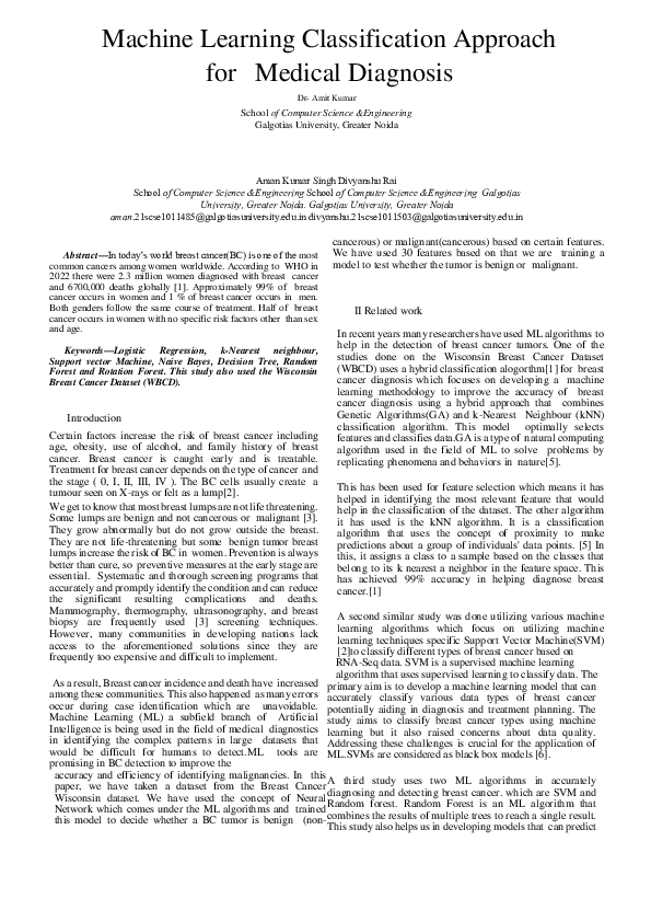 (PDF) Machine Learning Classification Approach for Medical Diagnosis